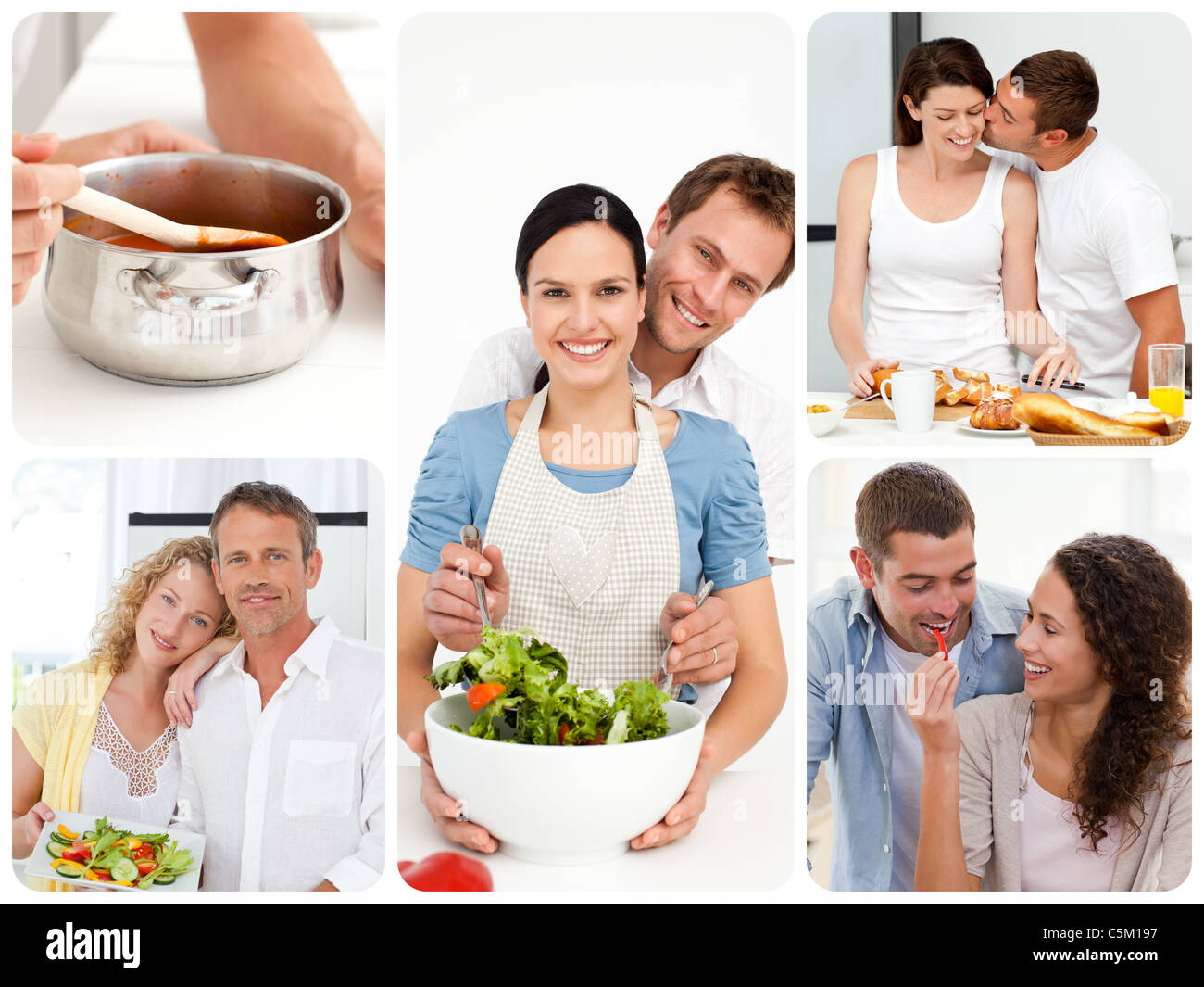 Collage of young couples cooking Stock Photo - Alamy