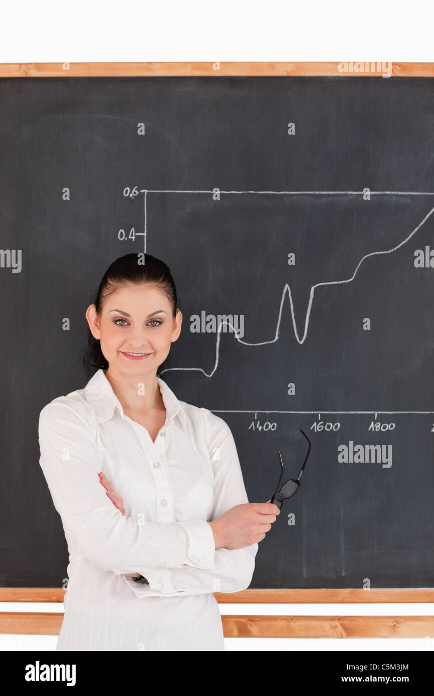 Dark-haired scientist explaining a graph Stock Photo - Alamy