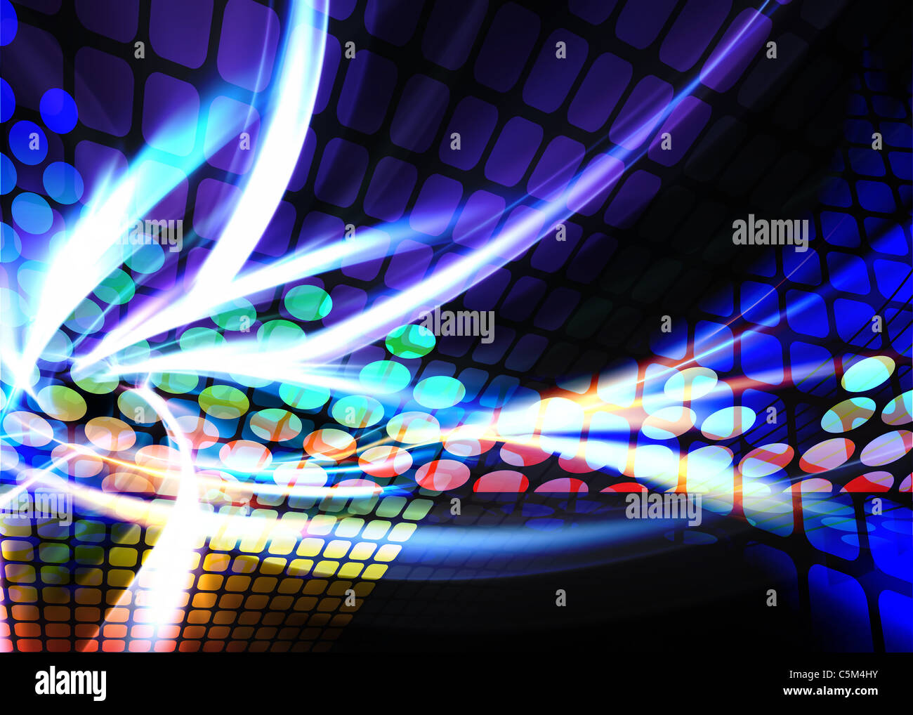 A rainbow colored digital wall or display screen with reflections and ...
