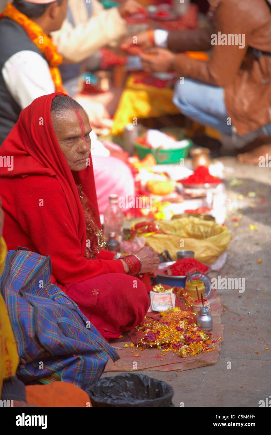 Hindu pilgrims receiving puja and tika at the temple of Dakshinkali ...