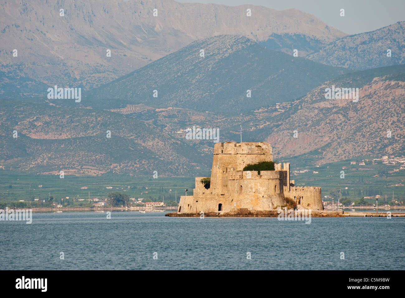 landscape at Nafplion with the Bourtzi tower in the Argolic gulf Stock ...