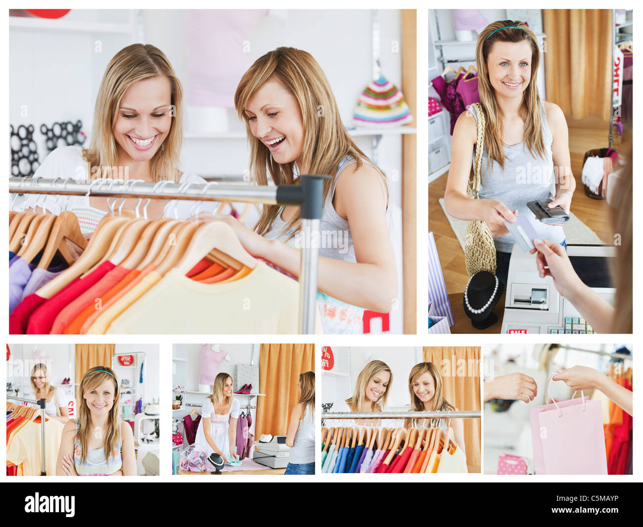 Collage of two good looking women doing shopping Stock Photo - Alamy