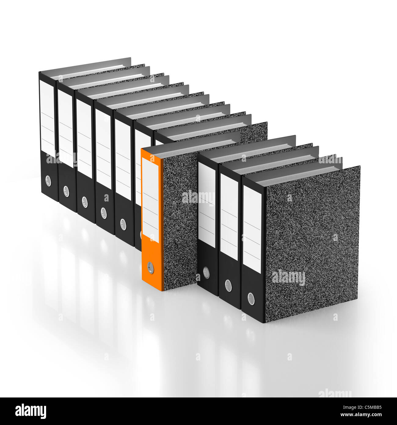 Orange folder standing out from line of folders on white background ...