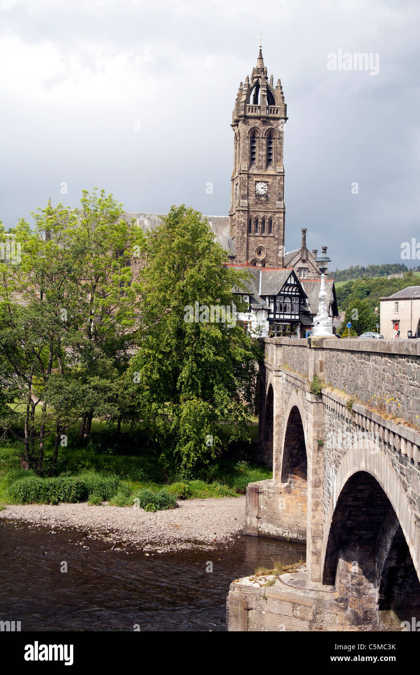 The clock tower of Peebles Old Parish Church of Scotland and the town ...