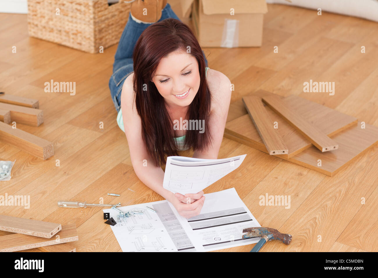 Pretty red-haired girl reading a manual before do-it-yourself while ...
