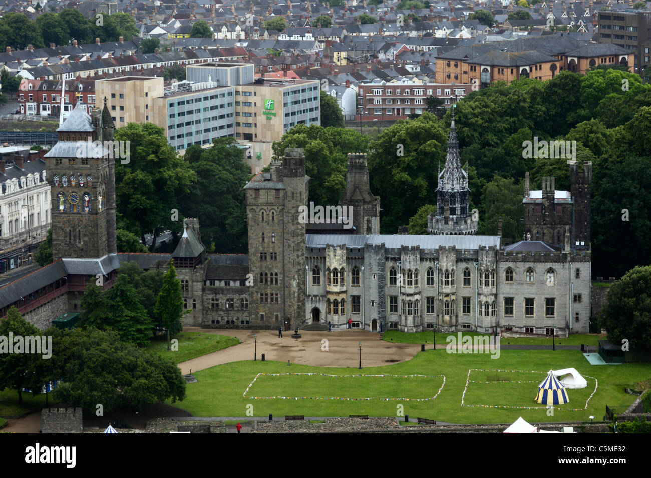 Aerial view of the Victorian Gothic revival mansion and clock tower (L ...