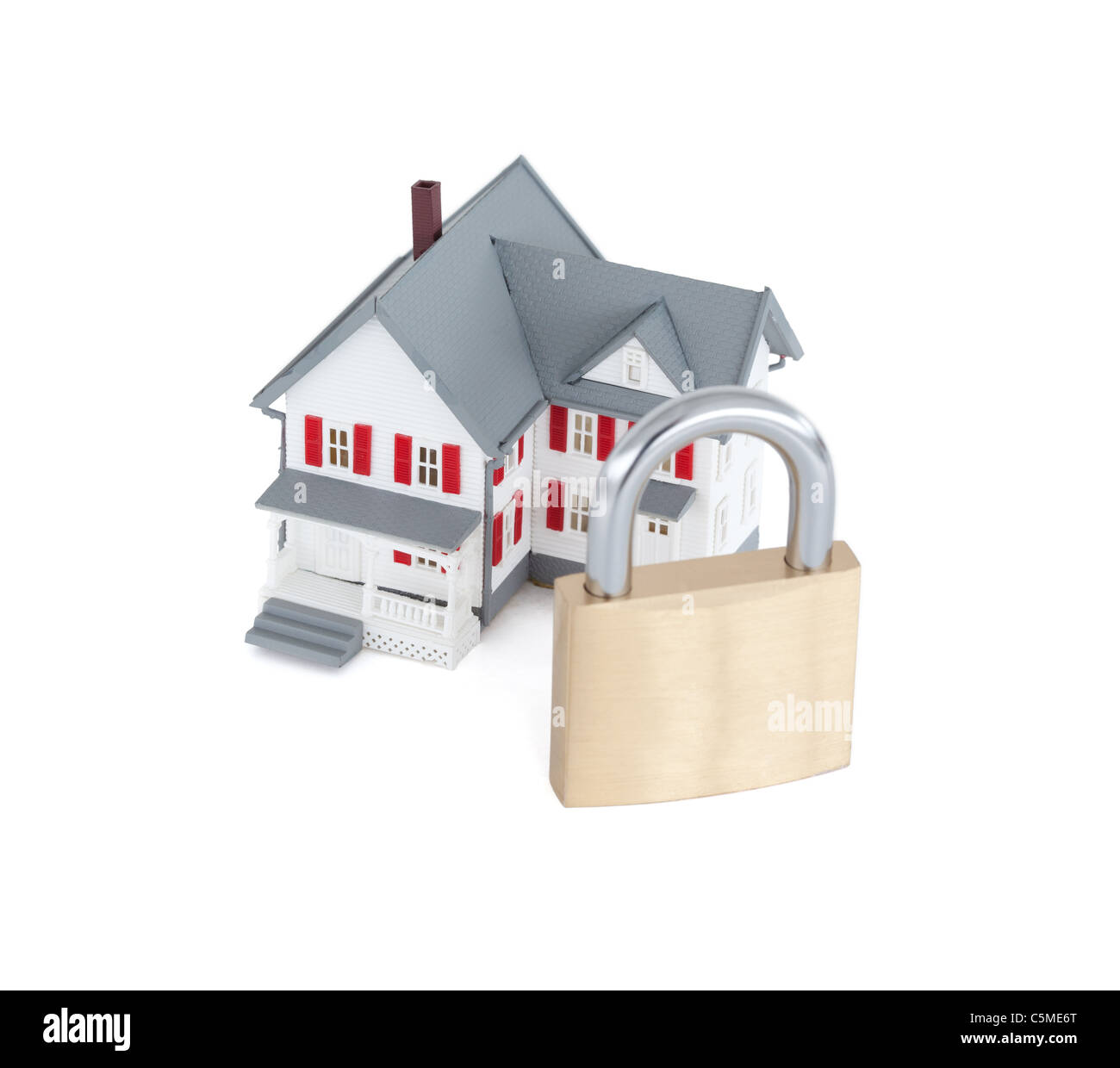 Concept images of a miniature grey house with a padlock Stock Photo - Alamy
