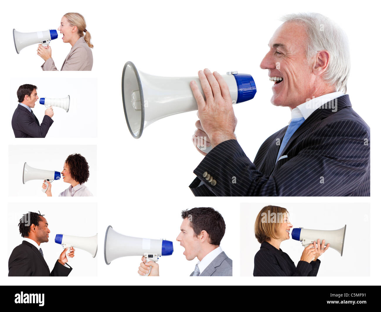 Collage of business people screaming in a megaphone Stock Photo - Alamy