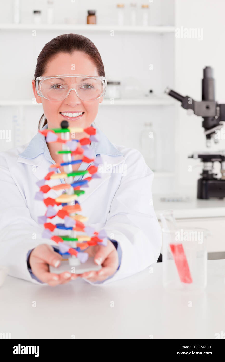 Portrait of a beautiful scientist showing the dna double helix model ...