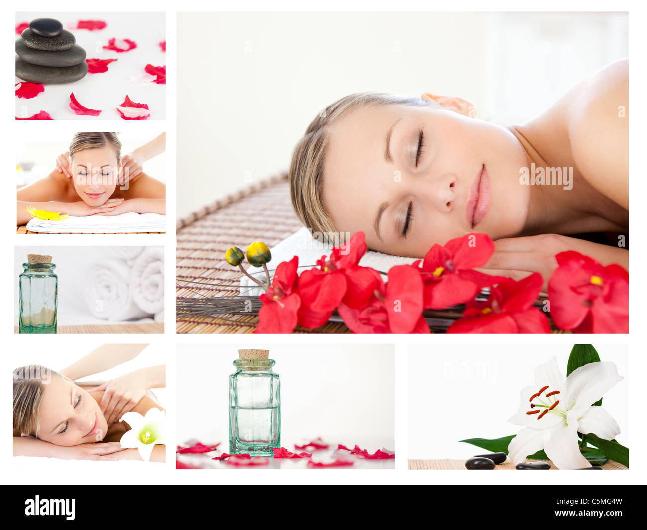 Collage of a charming blond woman relaxing Stock Photo - Alamy