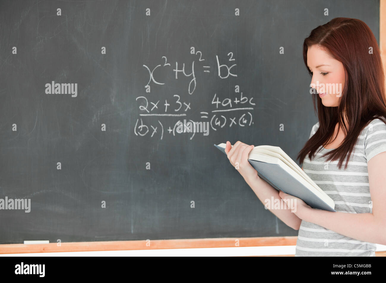 Gorgeous student looking at her notes while solving an equation Stock ...