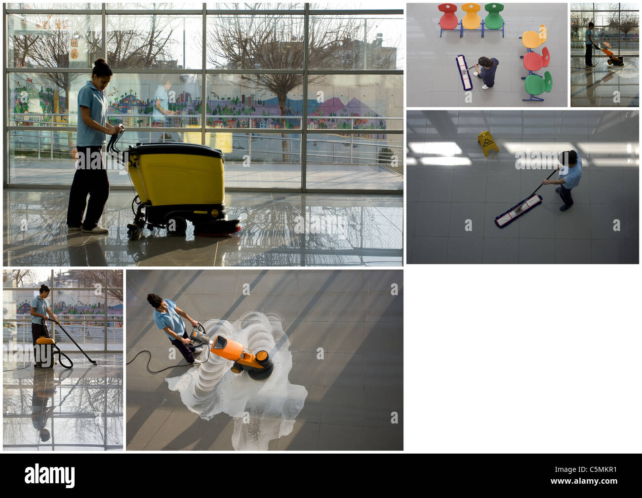 A worker is cleaning the floor with equipment Stock Photo - Alamy