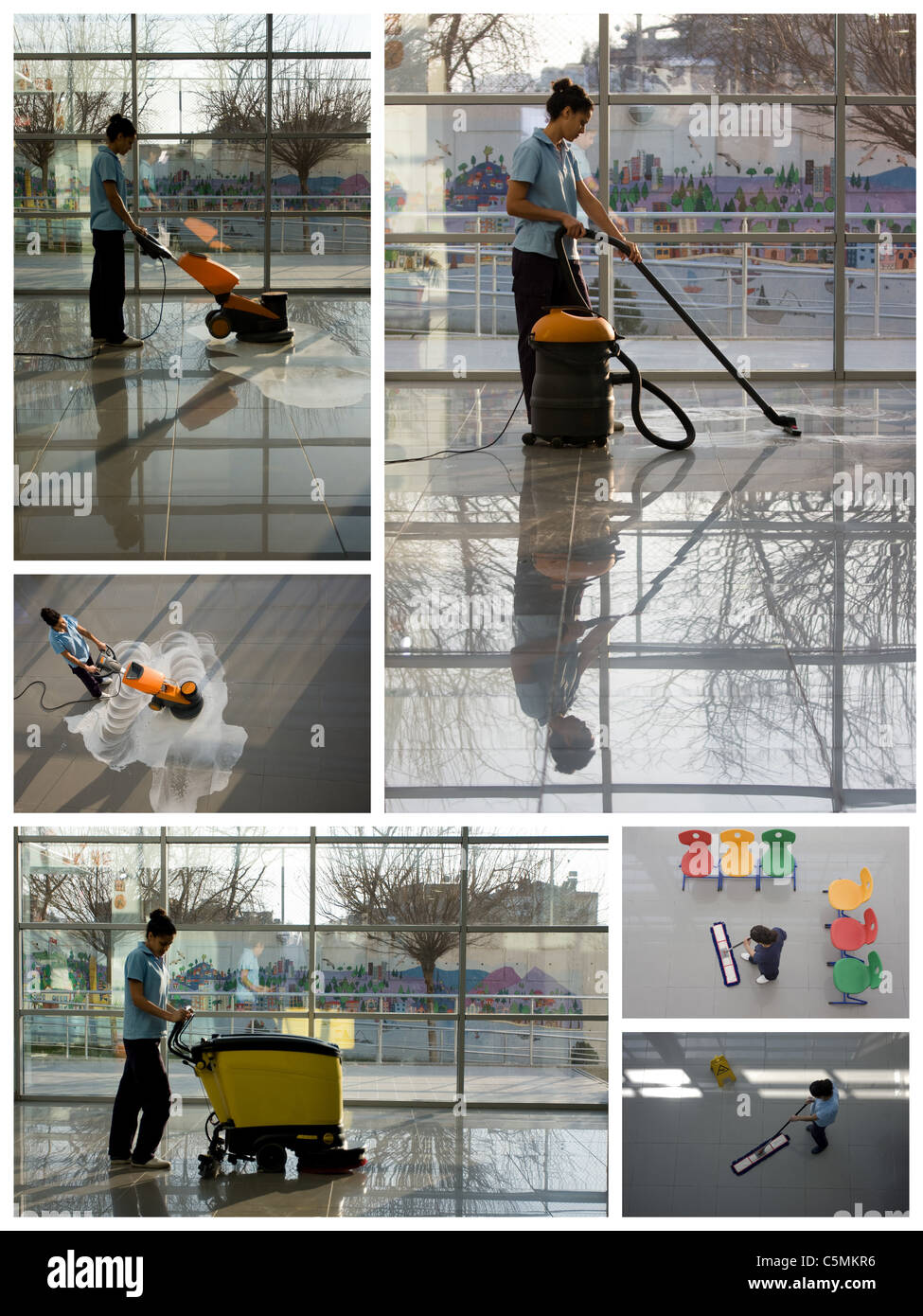A worker is cleaning the floor with equipment Stock Photo - Alamy