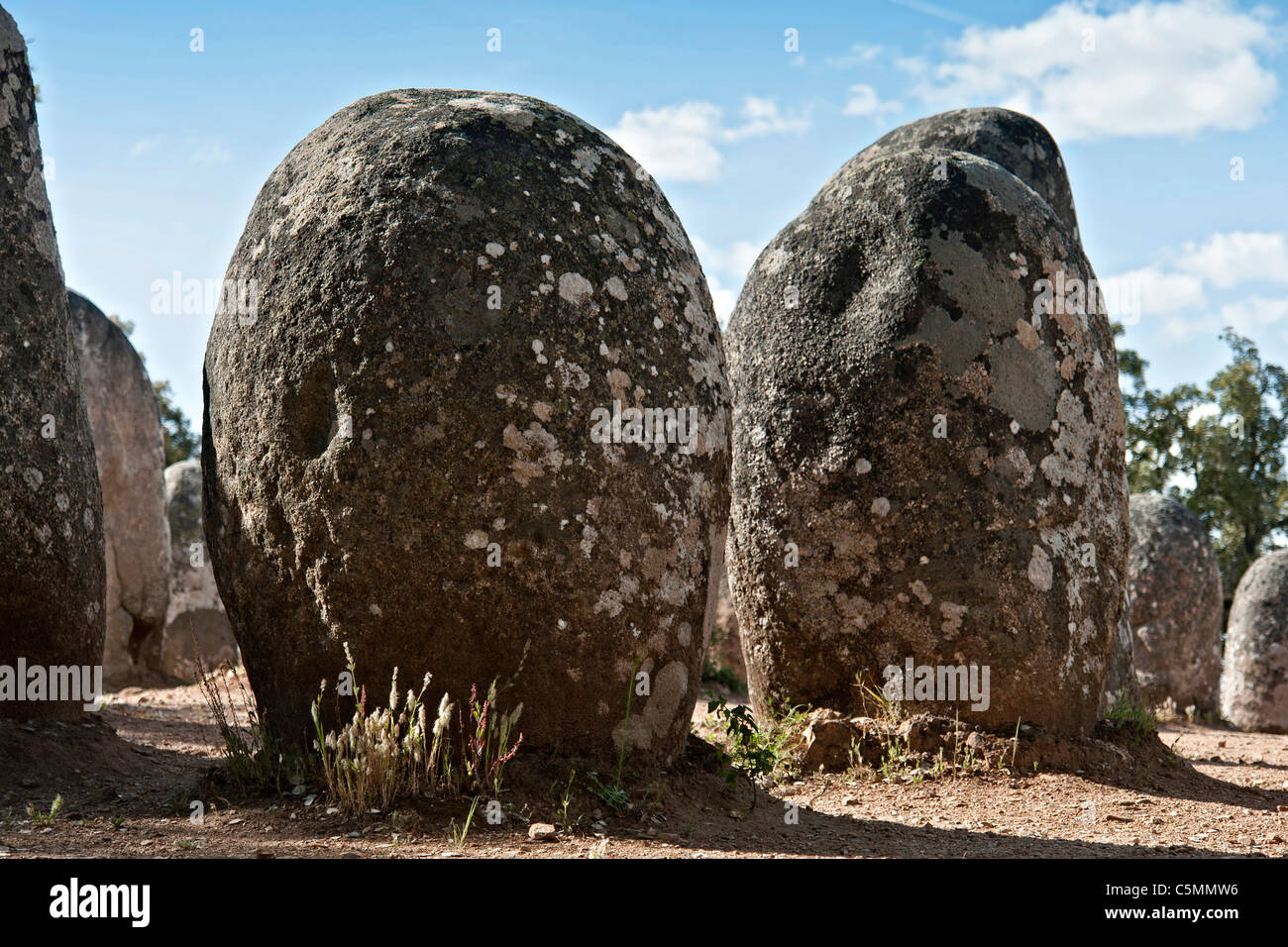 Decorated menhir in megalithic monument of Cromelech dos Almendres ...
