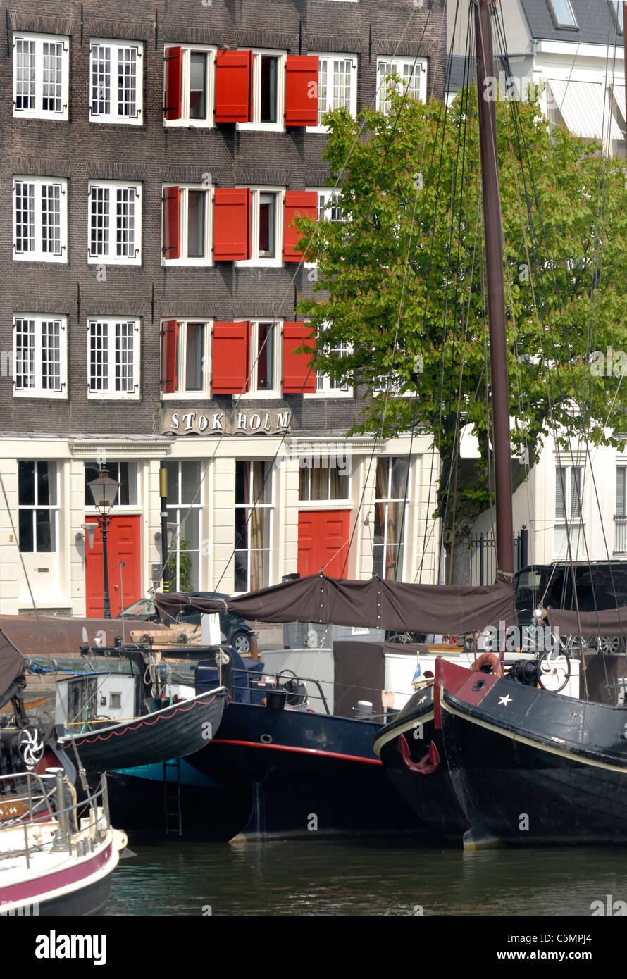 Dordrecht, Netherlands. Moored barges and window shutters Stock Photo ...