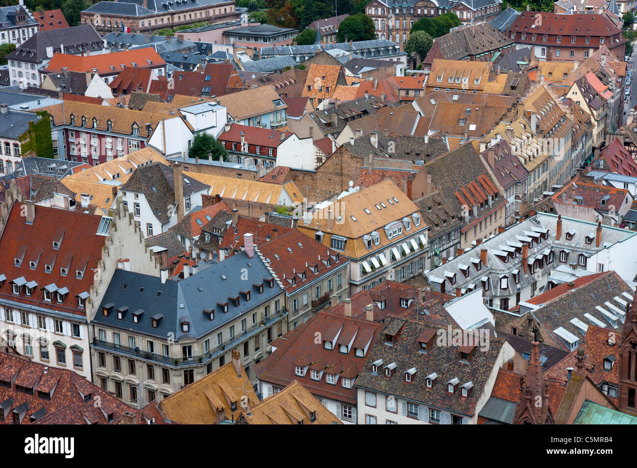 Various tiled roofs of historical buildings in Strasbourg city center ...
