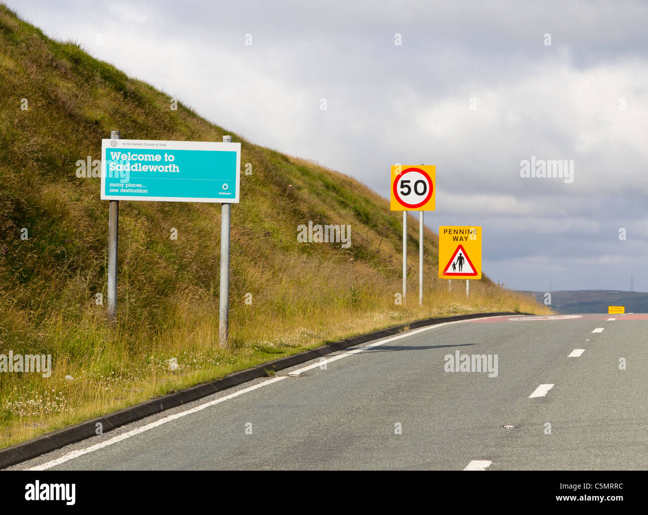 Welcome to Saddlworth sign at the summit of the A62 in the Pennines ...