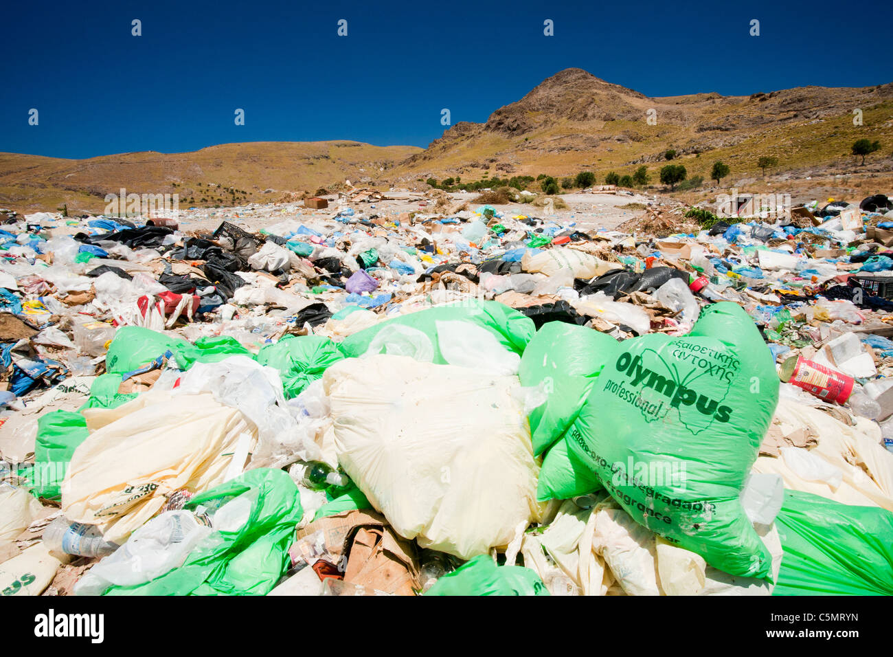 A landfill site in Eresos, Lesbos, Greece. As many islands, rubbish is ...