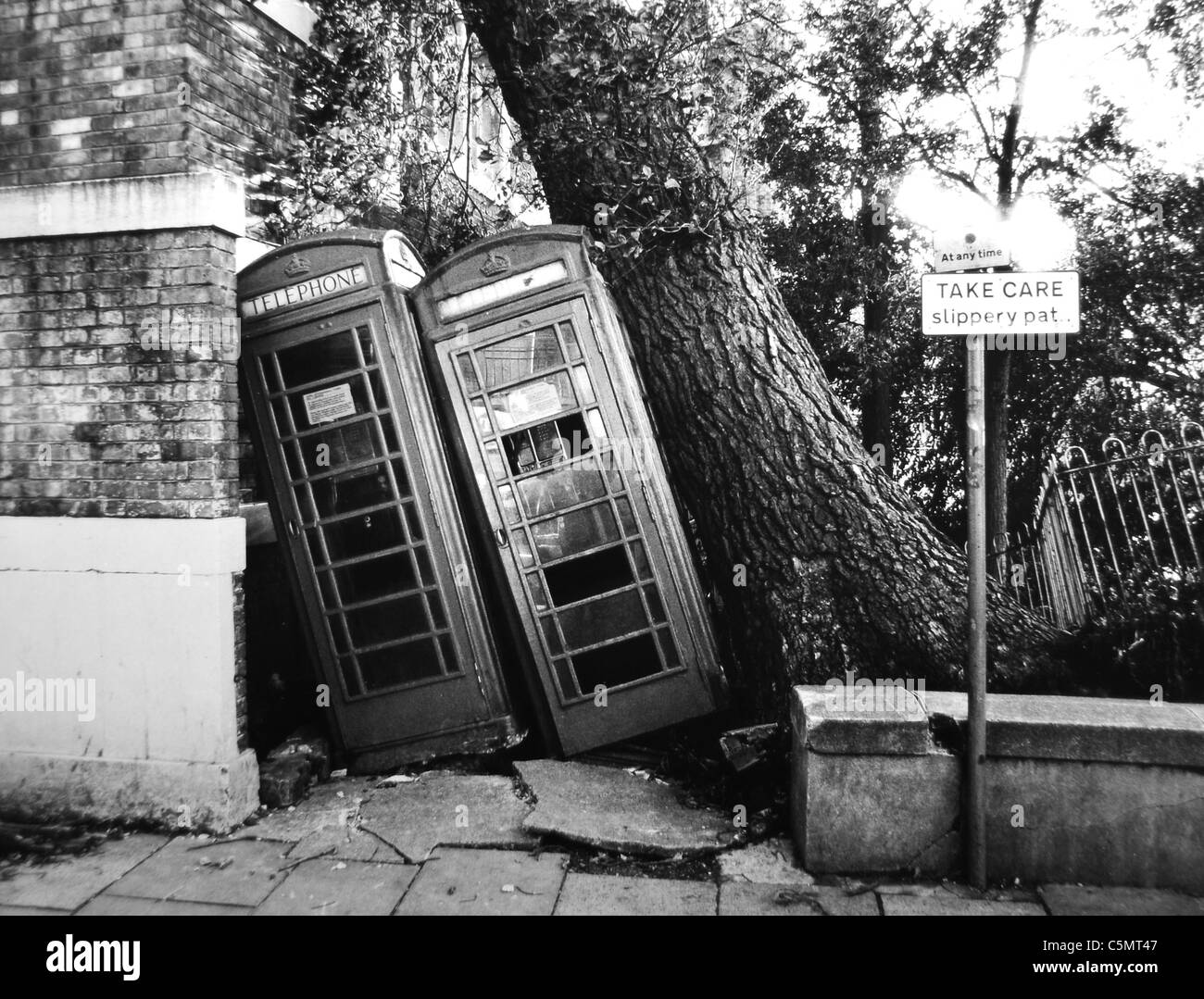 Telephone boxes in New road Brighton which had been crushed by a fallen ...