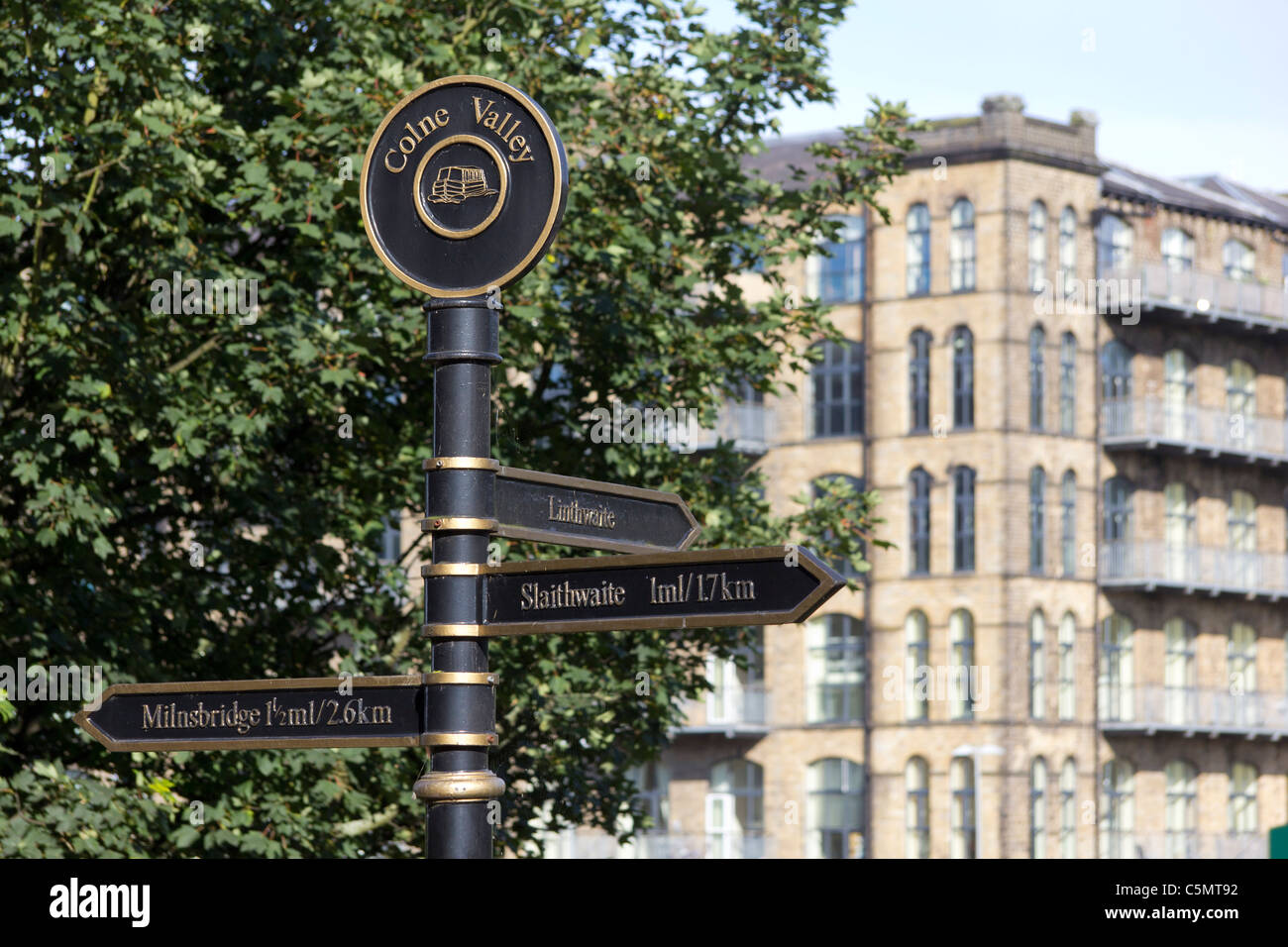 A signpost in the Colne Valley on the Huddersfield Narrow Canal ...