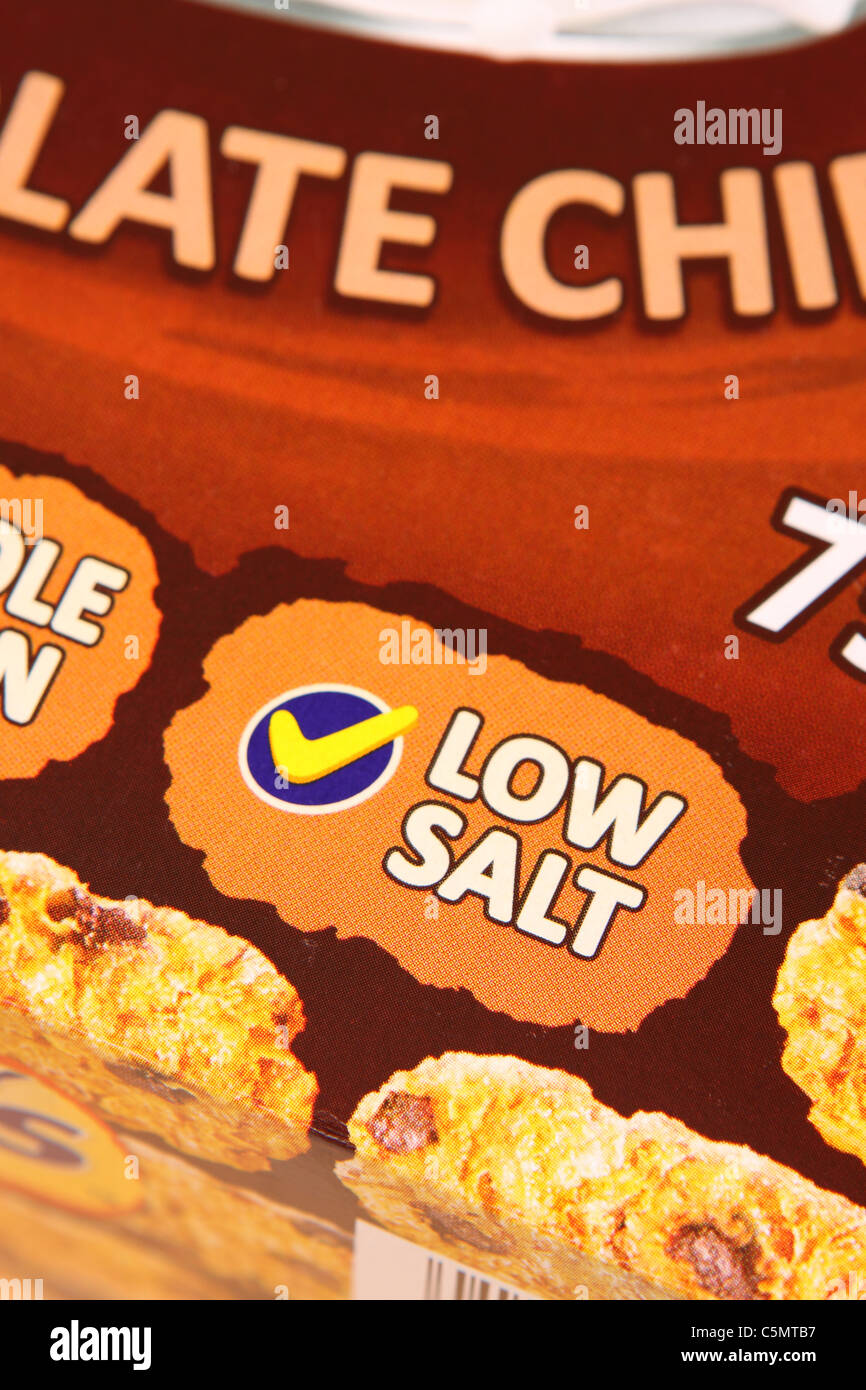 Low Salt content cereal food box packet labeling Stock Photo - Alamy