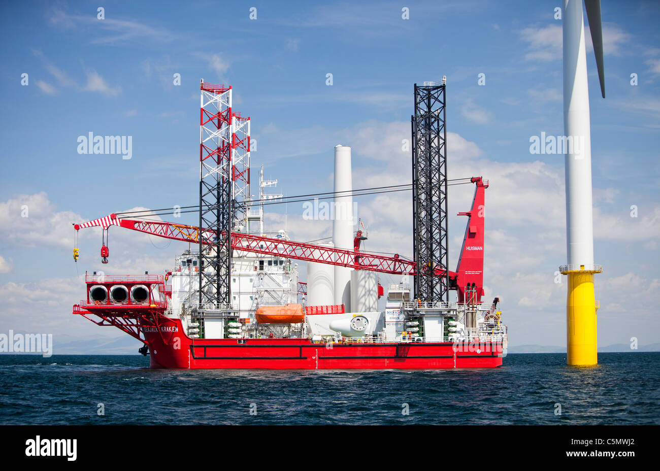 The jack up barge, Kraken, loaded with wind turbines for the Walney ...