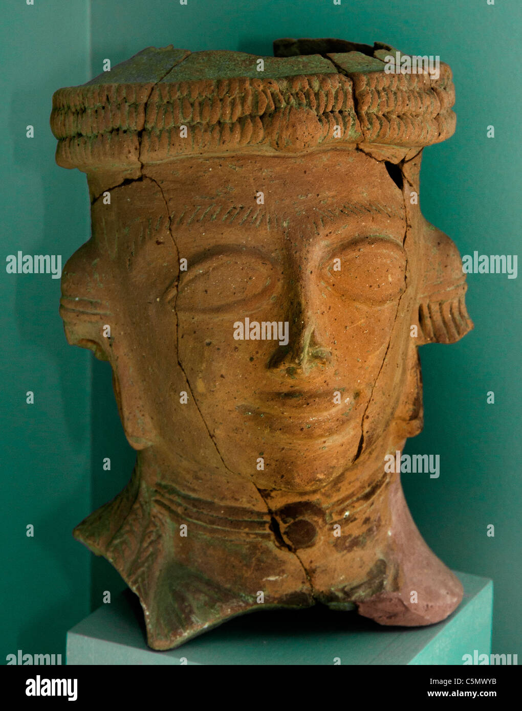 Female Head smile hat earrings necklace Clay Vase Pottery Archaic ...