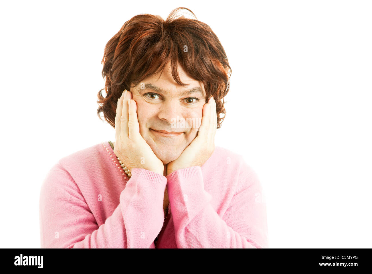 Portrait of a cross dressing female celebrity impersonator. Isolated on ...