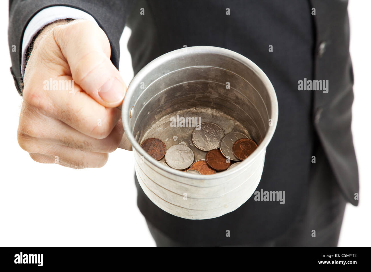 Closeup of a businessman with a tin cup, begging for change. White ...