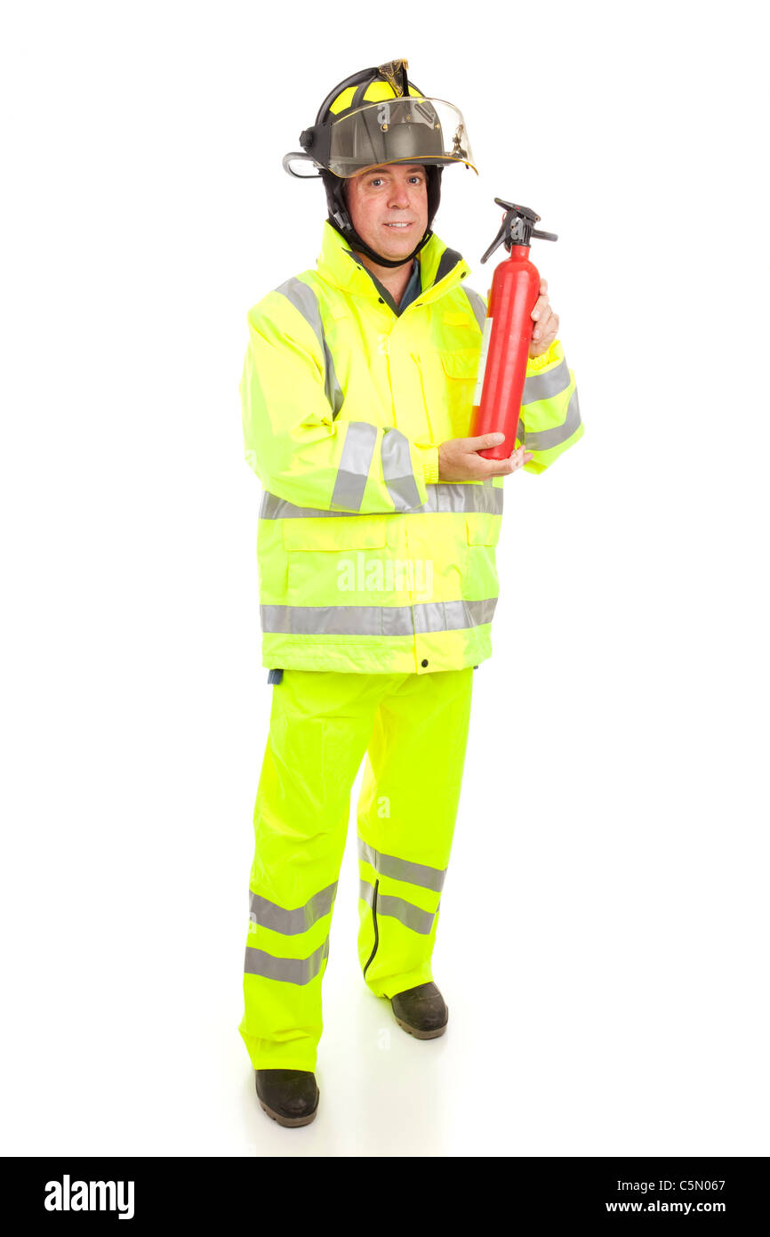 Fire fighter with fire extinguisher. Full body isolated on white Stock ...