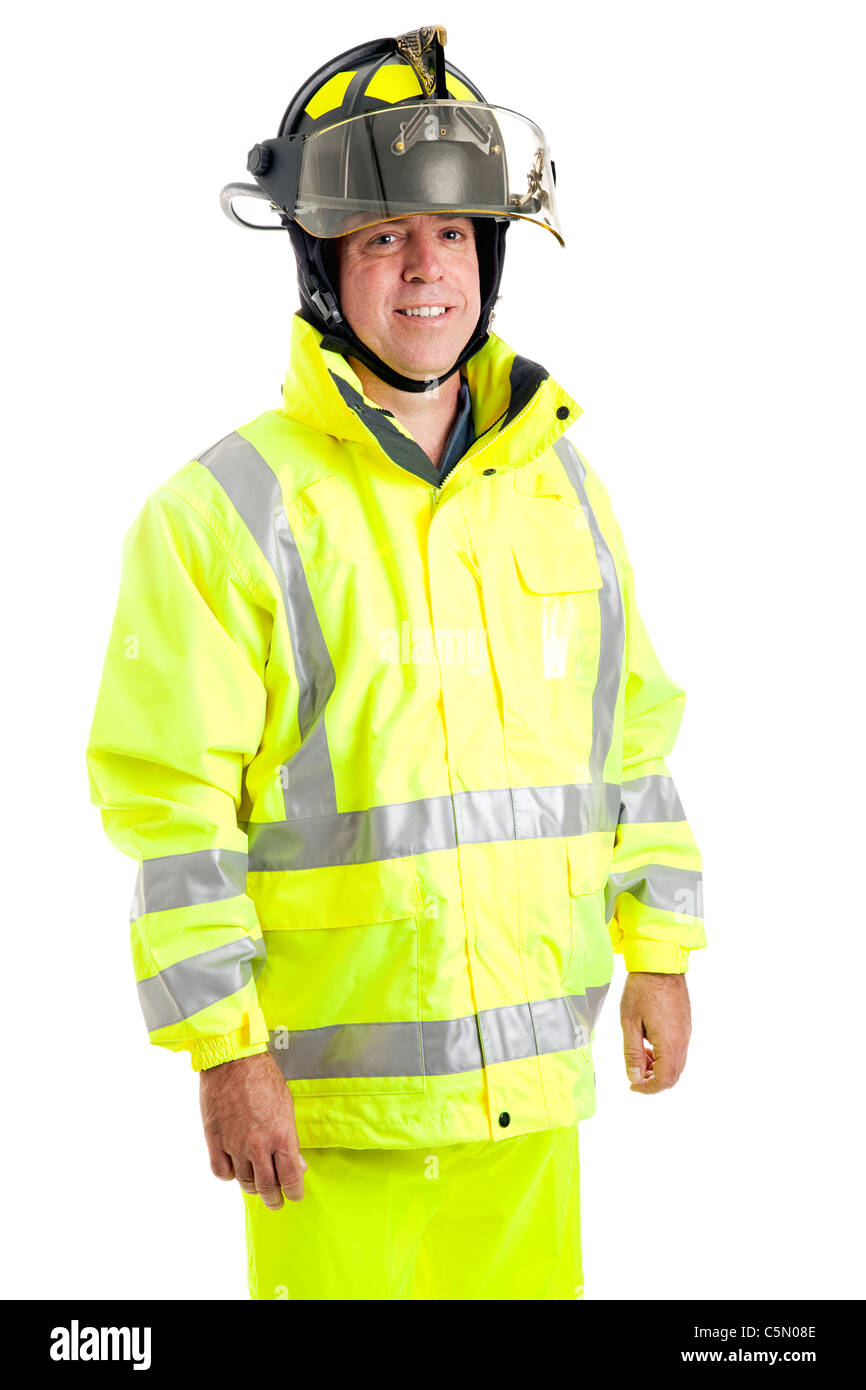 Handsome fire fighter isolated on white background Stock Photo - Alamy