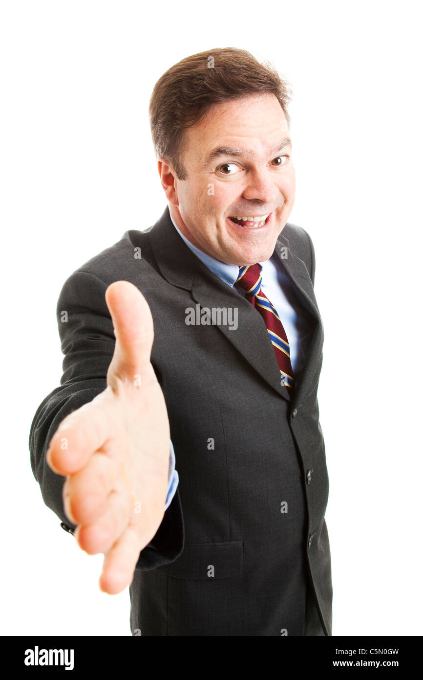 Pushy salesman with an oversized grin, coming in for a handshake ...