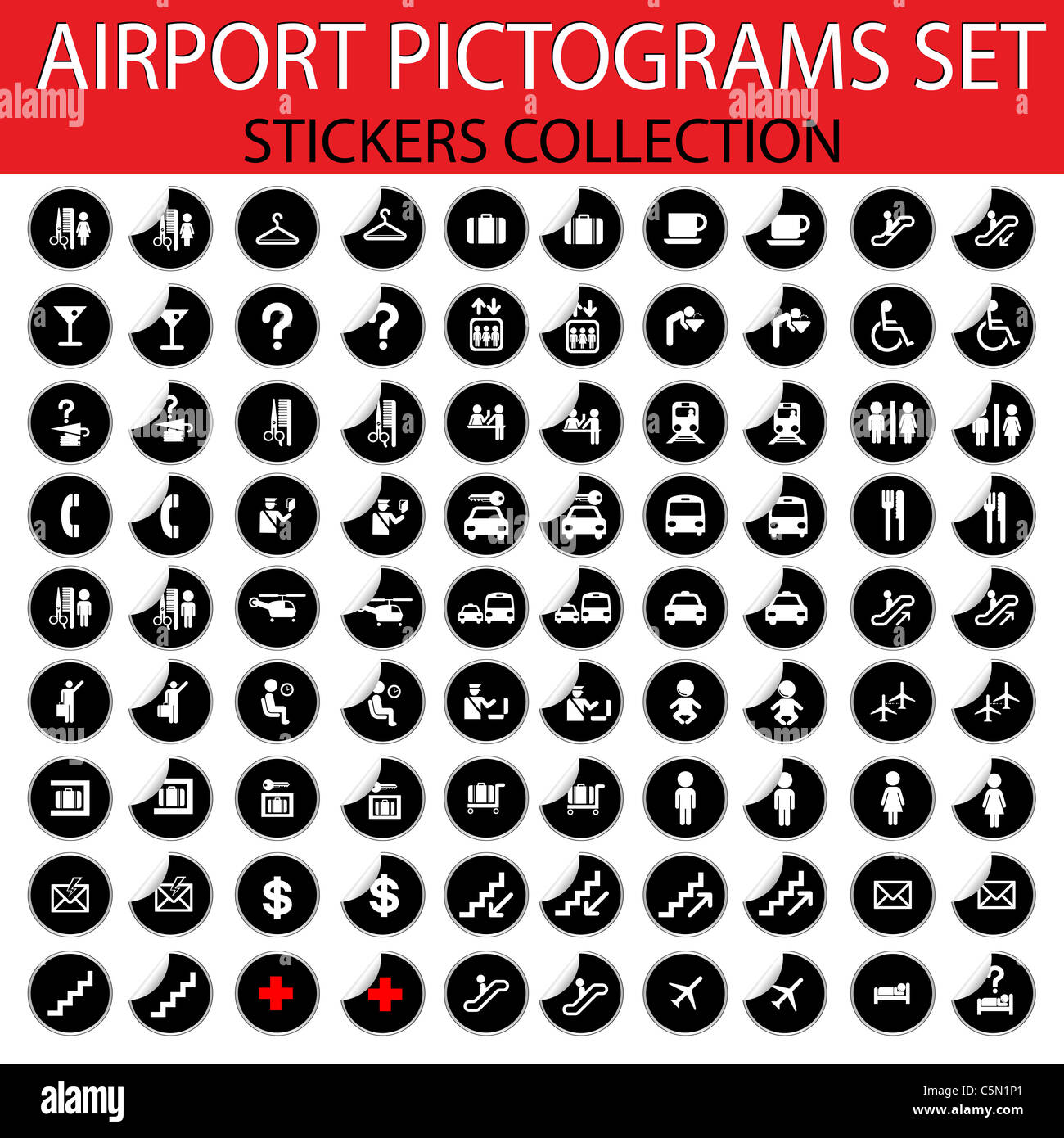 Airport pictogram set on stickers, isolated and grouped objects on ...