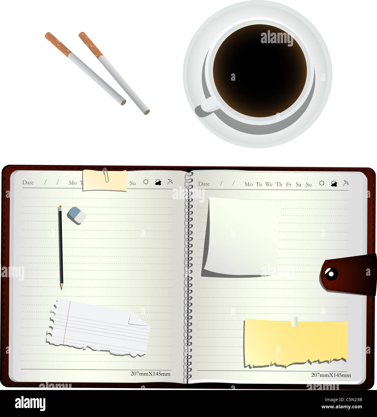 Coffee, cigarettes and an open organizer, isolated and grouped objects ...