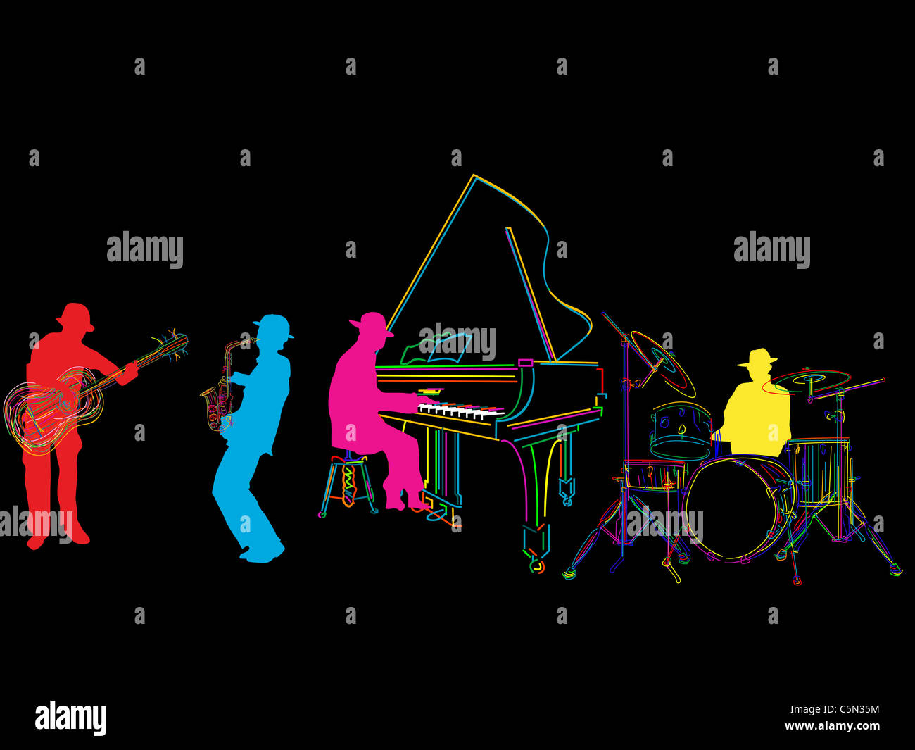 Jazz band sketch, isolated and grouped over black Stock Photo - Alamy