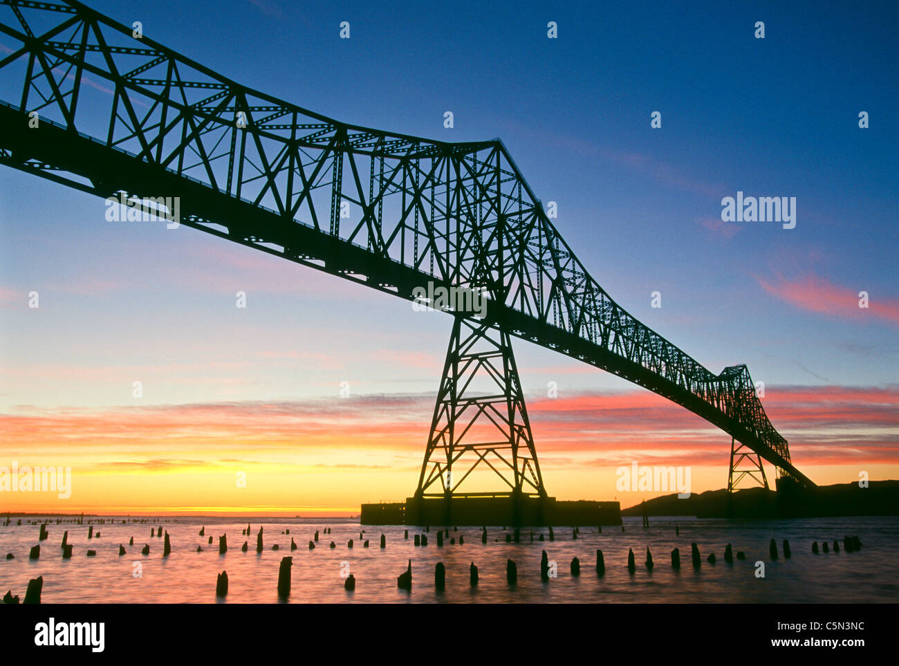 Low angle view of Astoria-Megler bridge over the Columbia River at ...