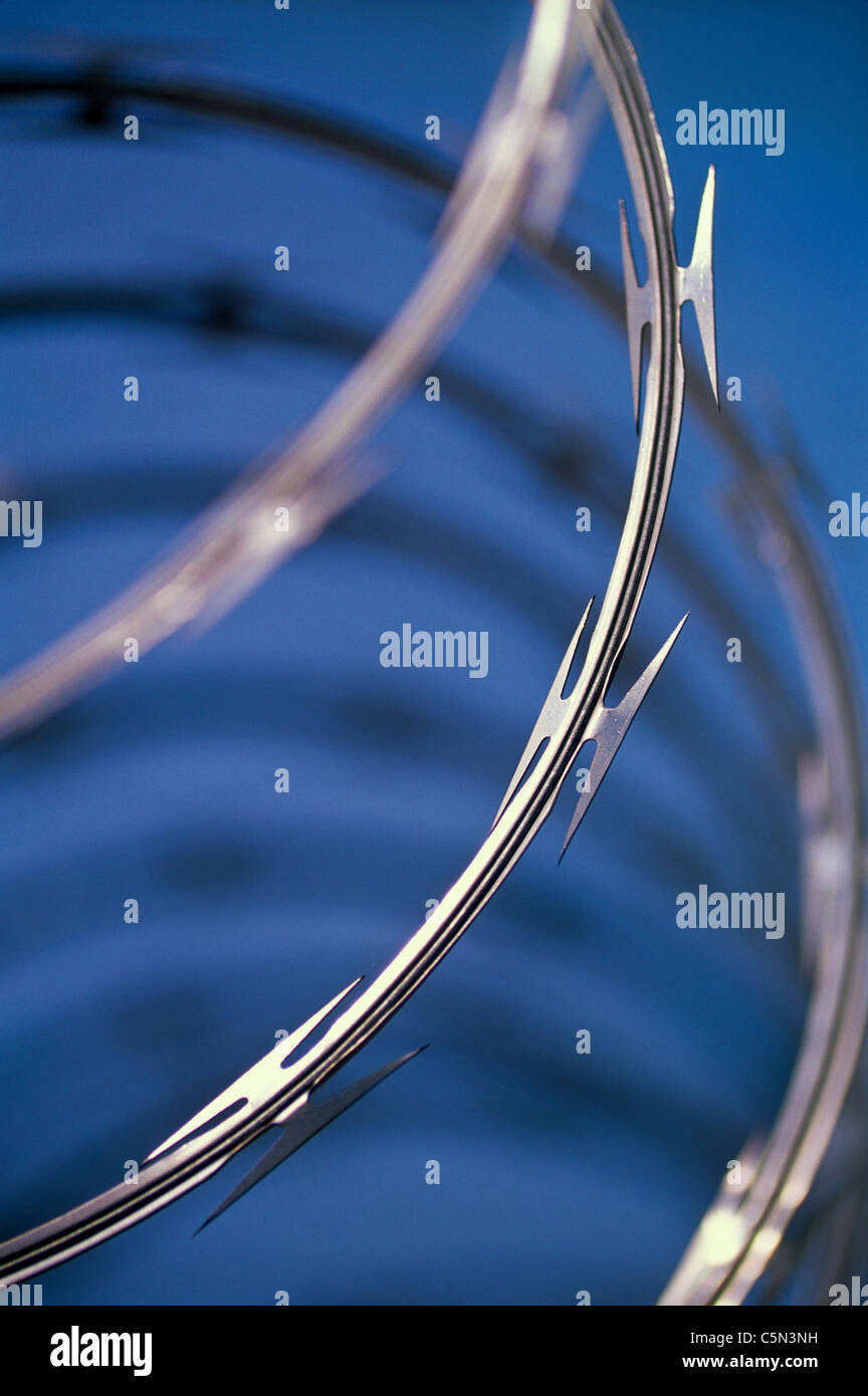 Closeup view of razor wire coil of security fence, Portland, Oregon ...