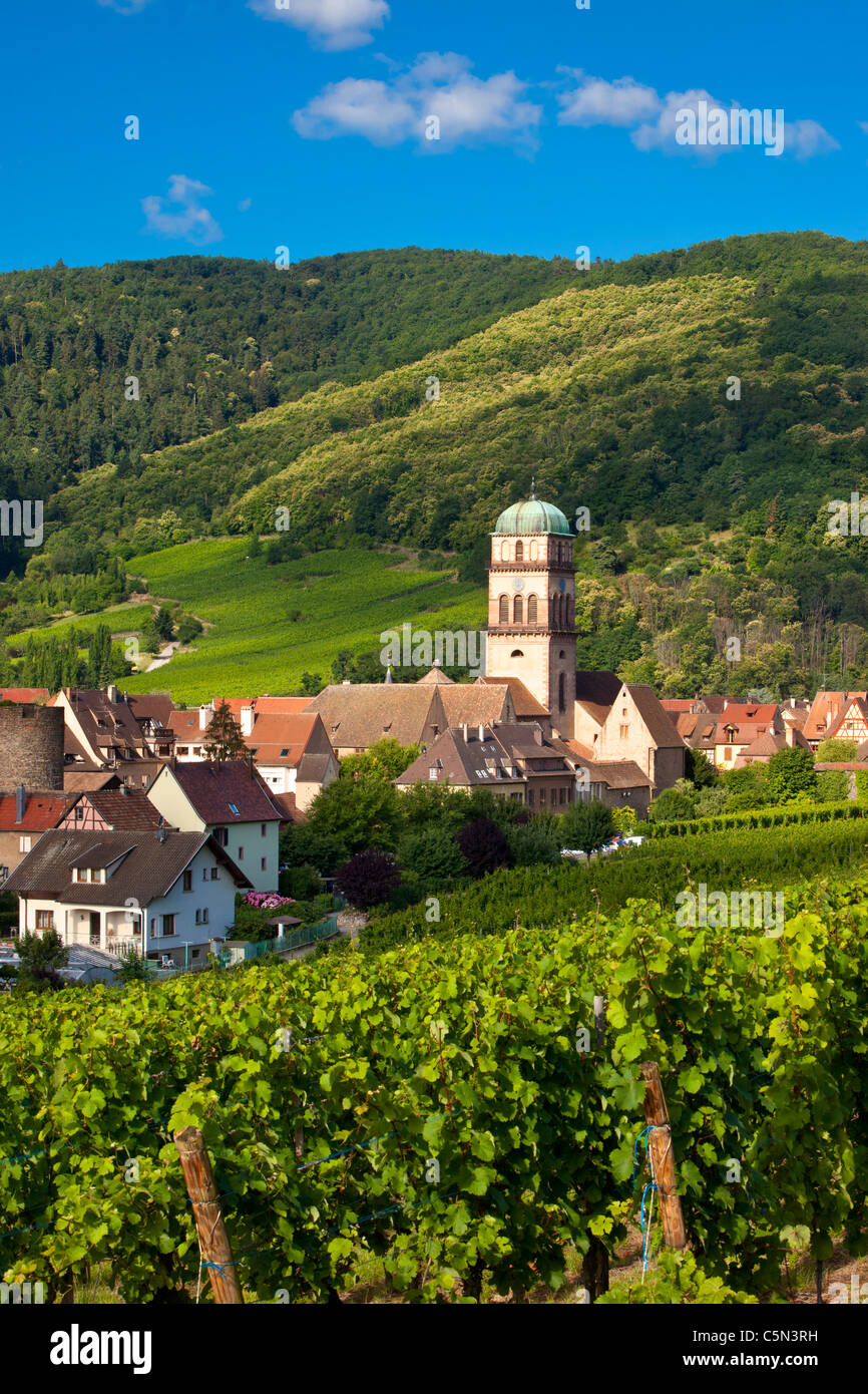 Village of Kaysersberg with tower of Sainte Croix Church amid the ...