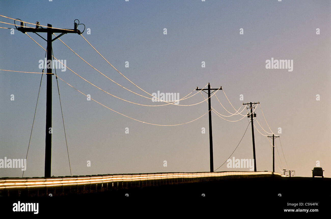 Telephone poles and wires along rural road at sunset, Grant county ...