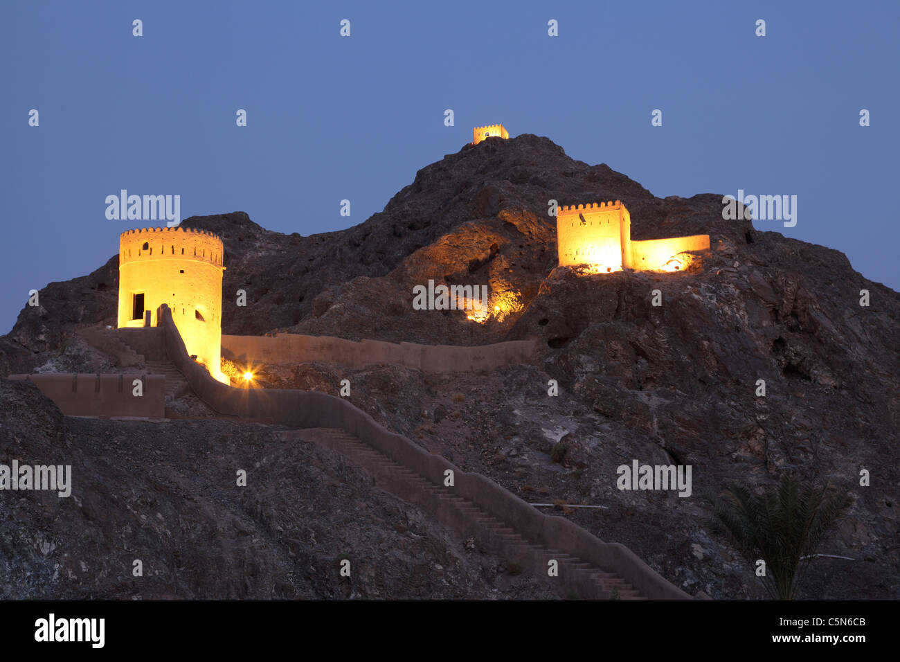 Old fortress in Muscat illuminated at night, Sultanate of Oman Stock ...