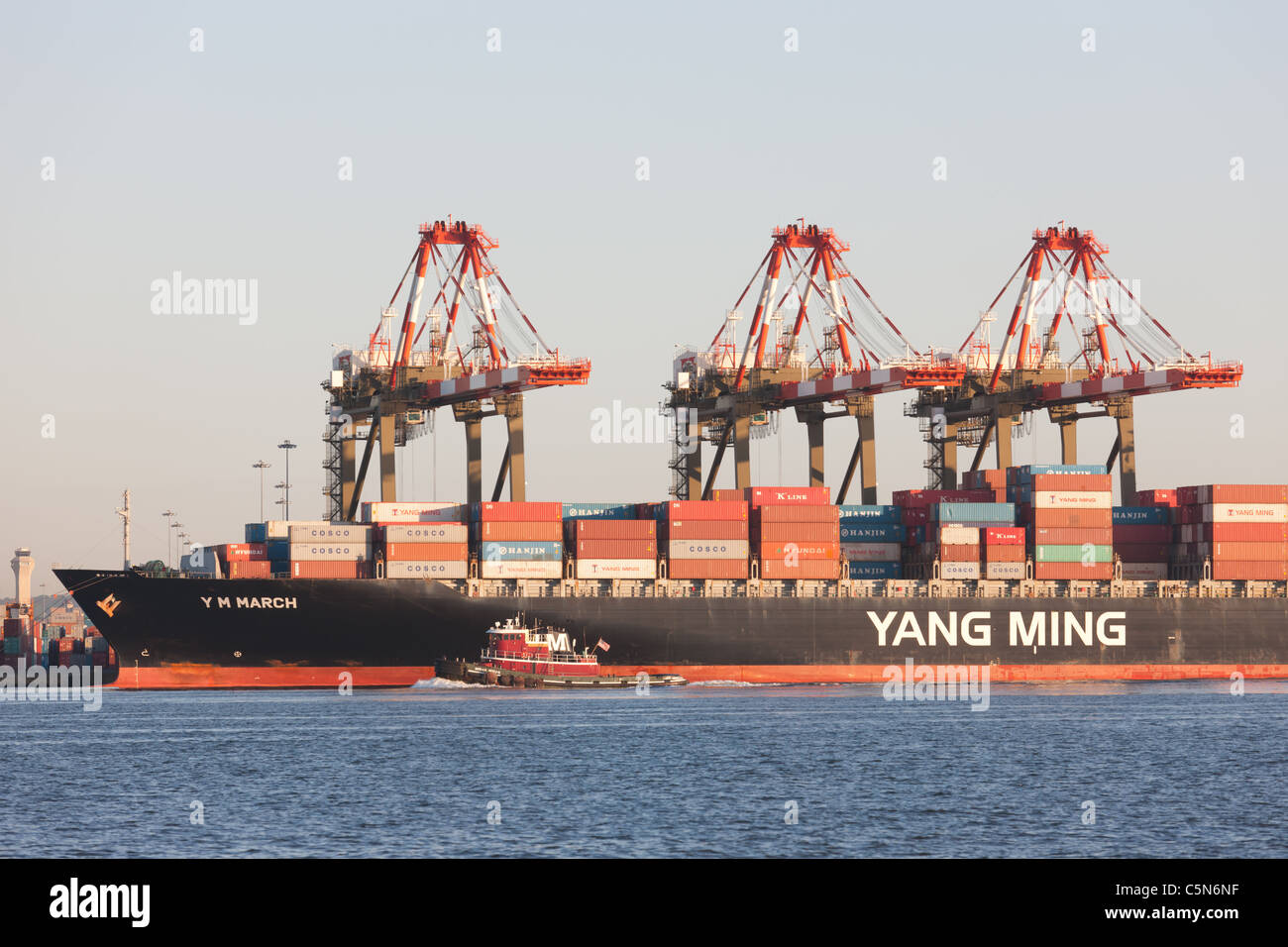 A Yang Ming container ship is loaded at the Maher Terminals container ...