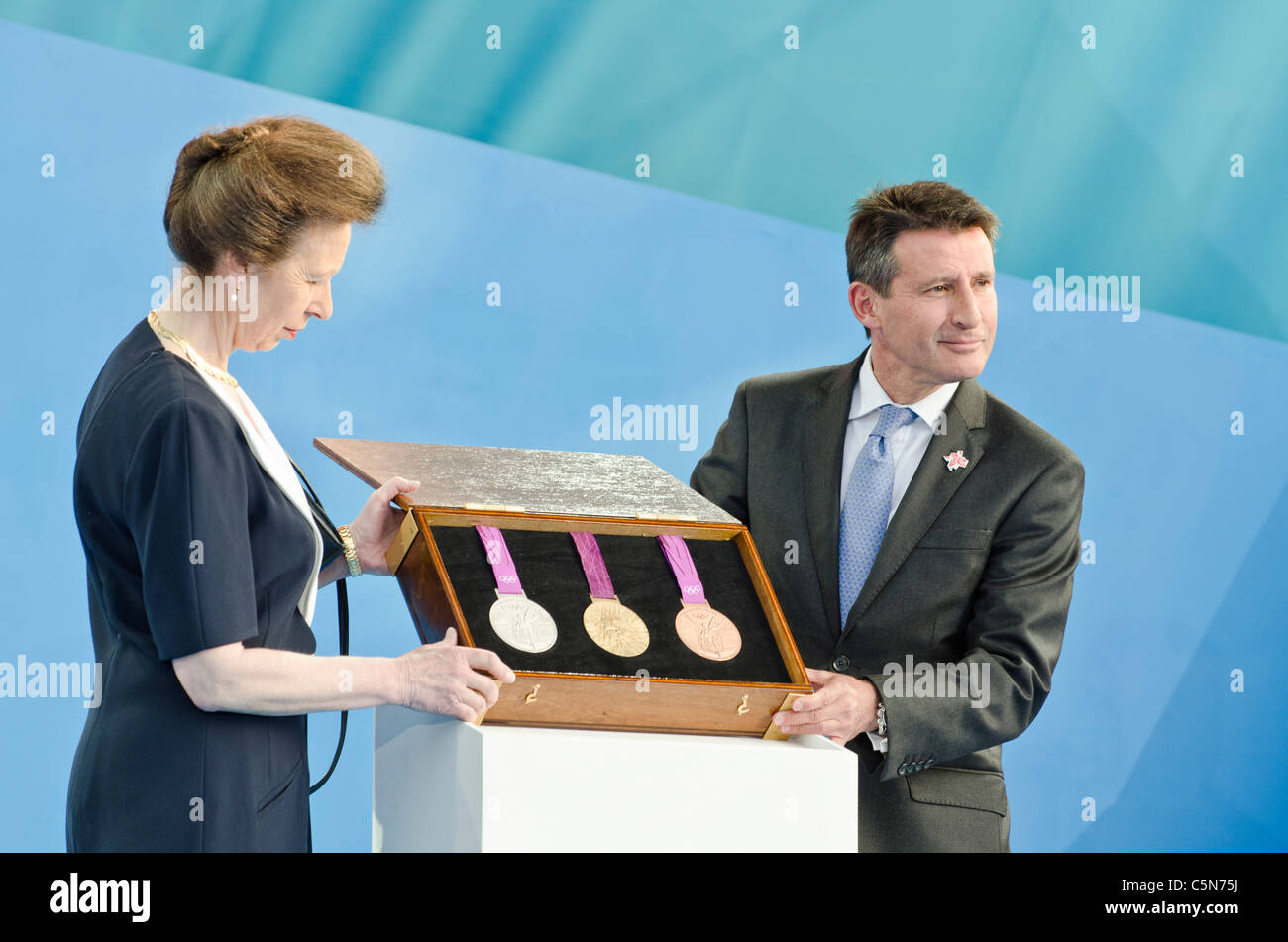 Princess Royal (Princess Anne) Lord Sebastian Coe hold up new medals ...