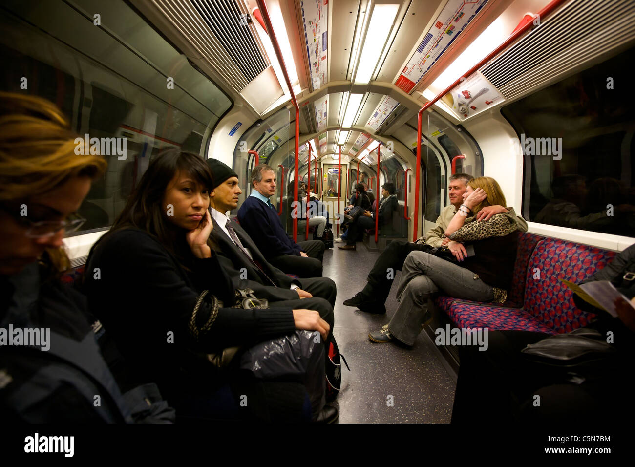 An interior view of a subway car at rush hour in London, England Stock ...