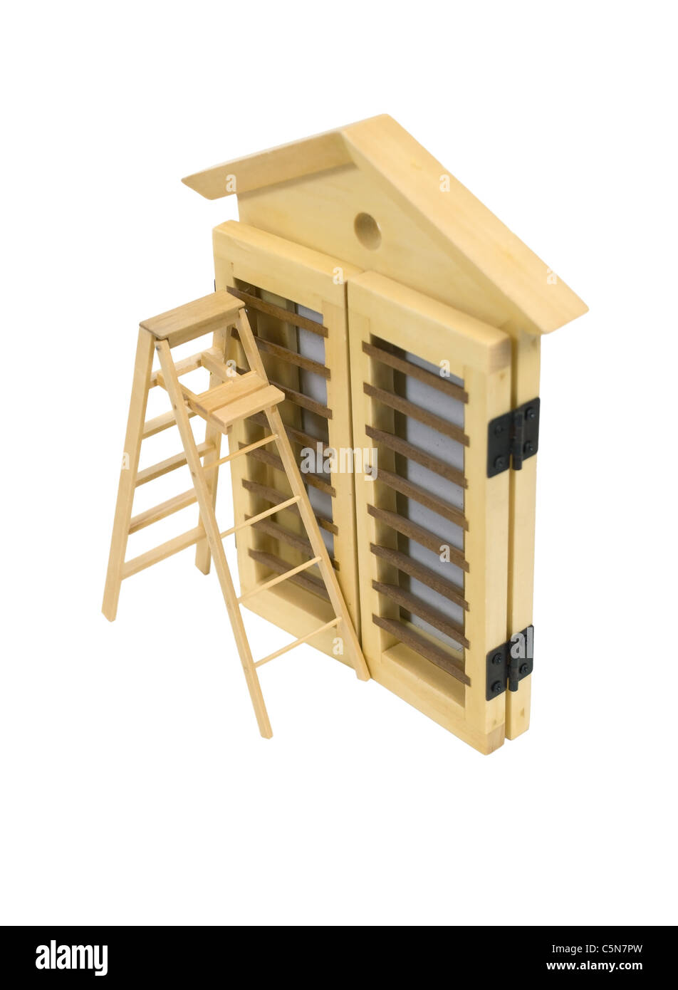 Home repairs shown by a ladder leaned up onto shutters - path included ...