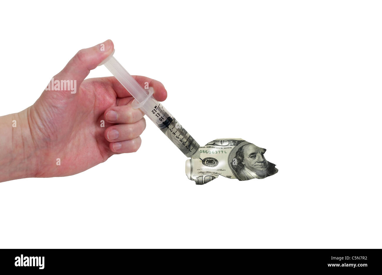 Making money shown by a medical syringe injecting money - path included ...