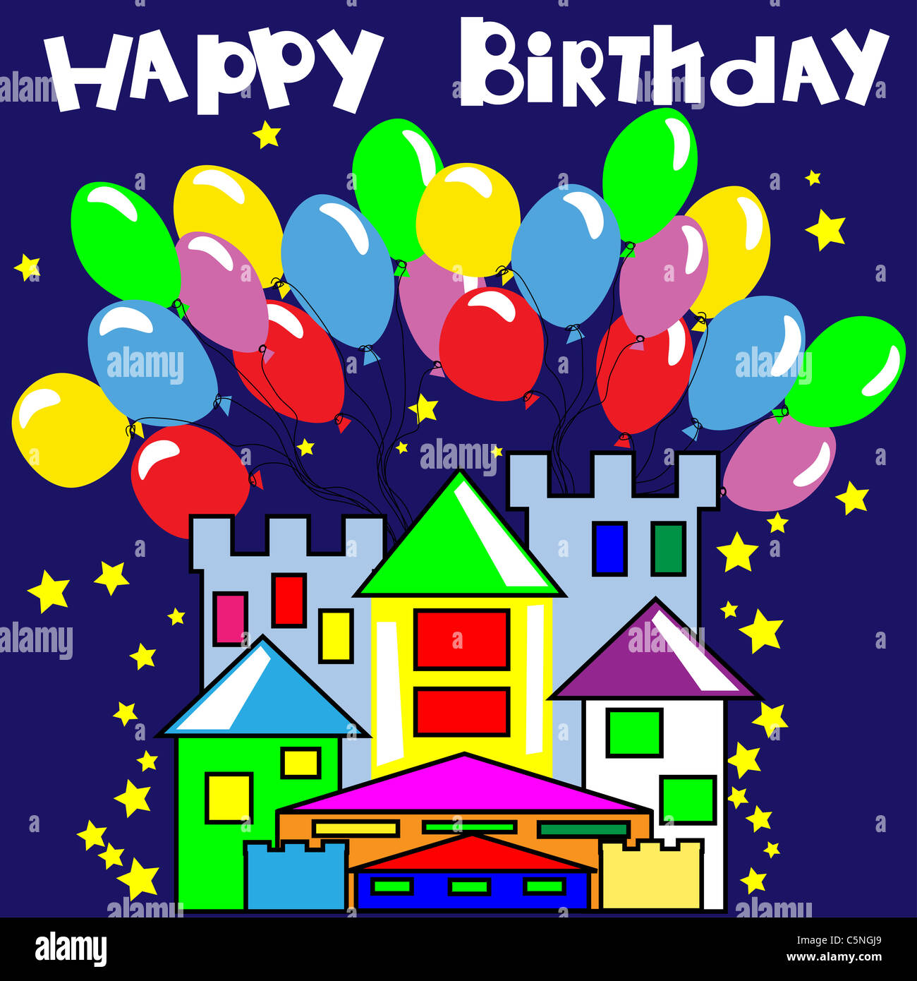 Happy birthday card with castle. Vector illustration Stock Photo - Alamy