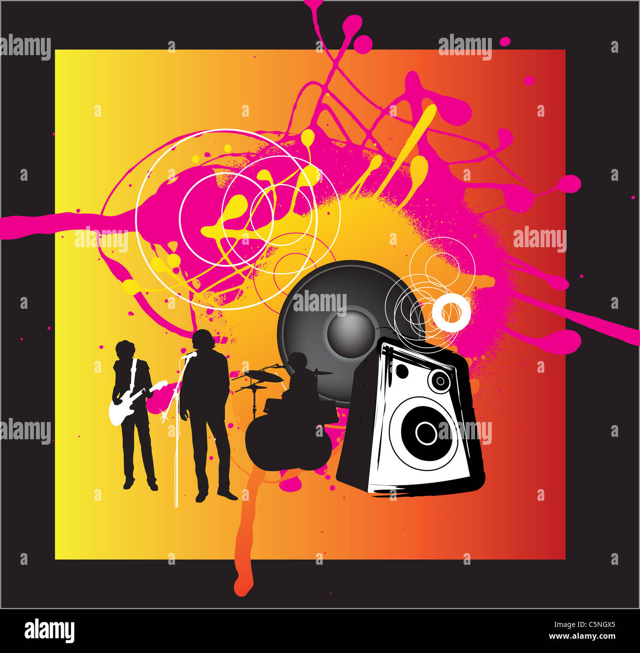 music band with singer, guitarist and drums on funky bright grunge ...