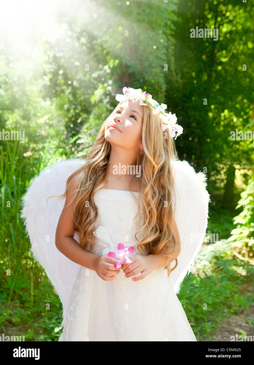 Angel children girl in forest with flower in hand looking sky light ...