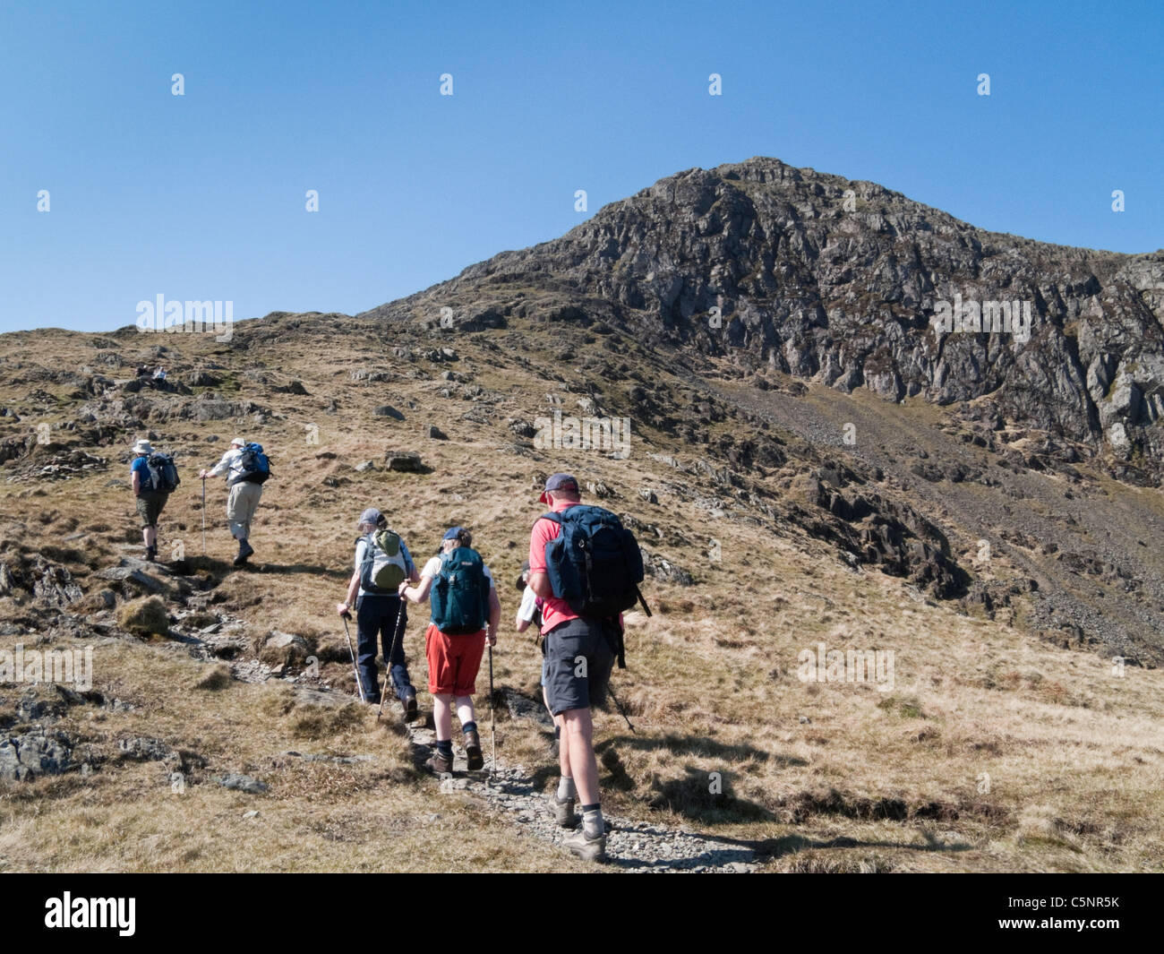 Snowdonia National Park, North Wales, UK. Welsh Ramblers group walking ...