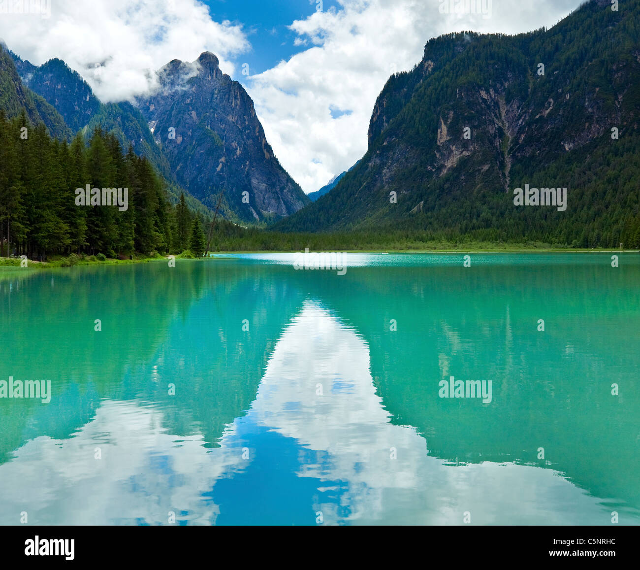 Beautiful summer Alpine lake Toblach view (Italy Stock Photo - Alamy